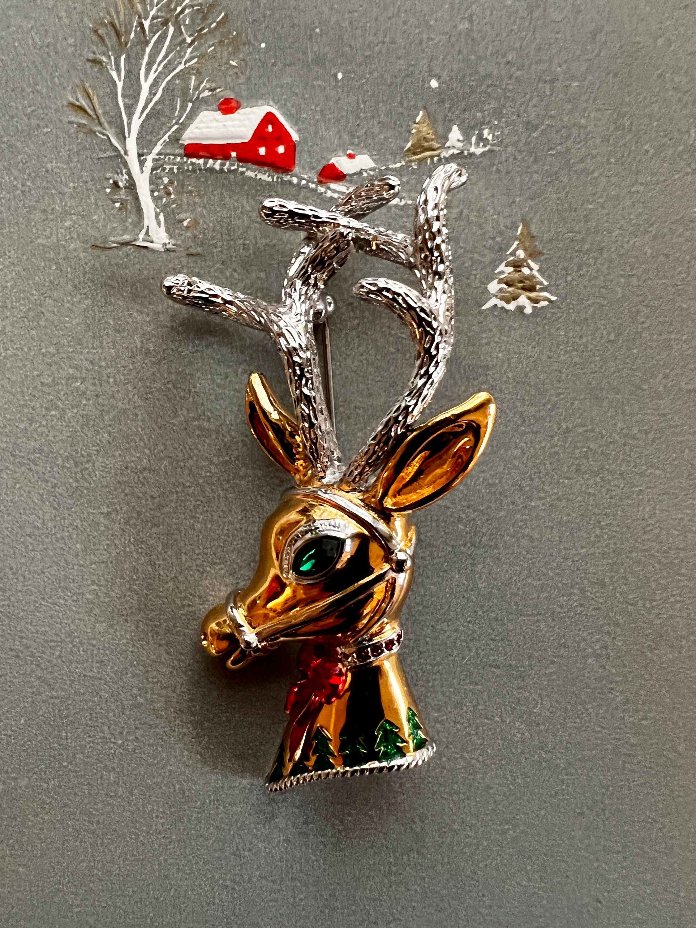 Vintage Butler, Reindeer Brooch, Dasher, Rhinestone, Enamel, Gold Tone ...