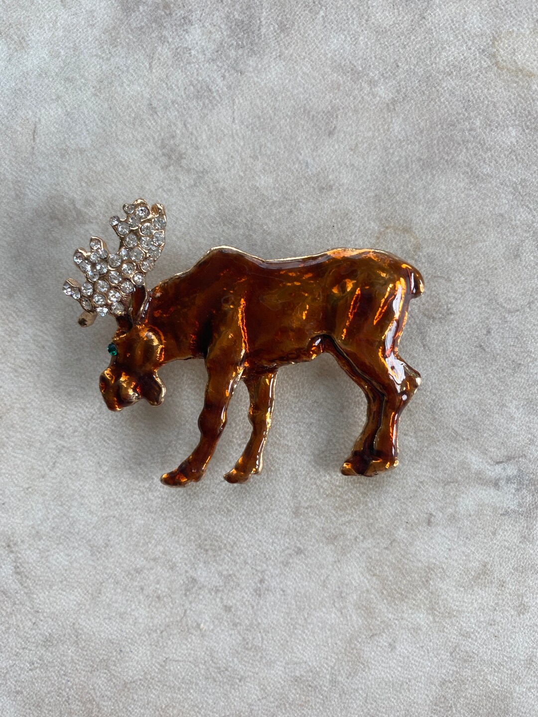 Christmas Pin Vintage Moose Pin Rhinestones on Antlers Brown Gold Tone ...