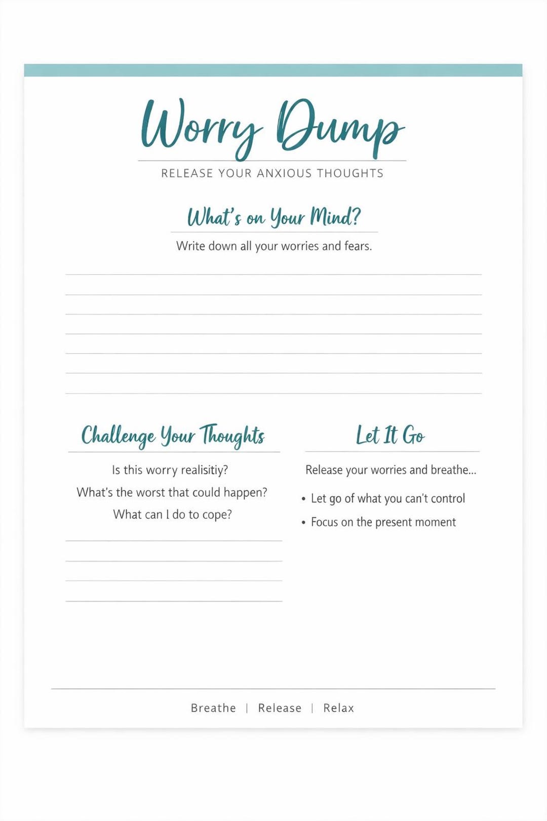 Worry Dump Printable – Anxiety Relief Worksheet – Mental Health Self ...