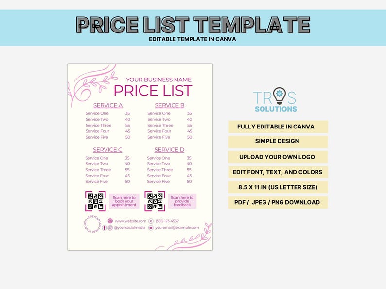 Price List Template Editable Price List Printable Canva Price List for ...
