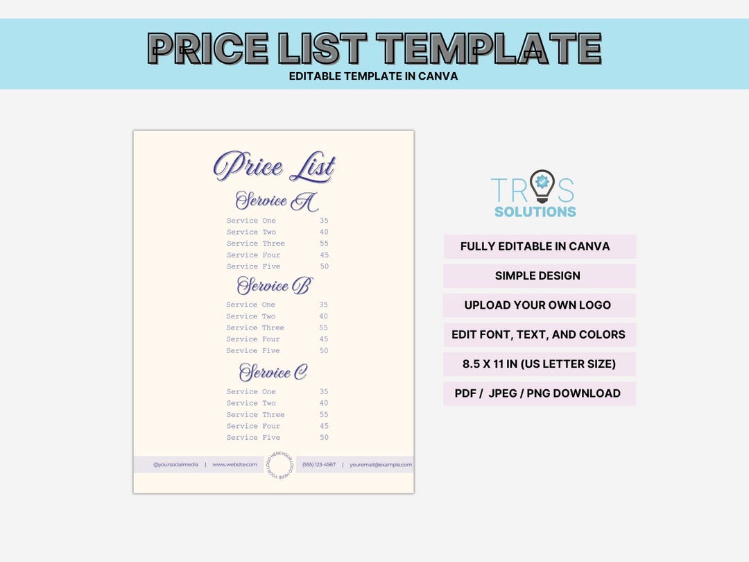 Price List Template Editable Price List Printable Canva Price List for ...