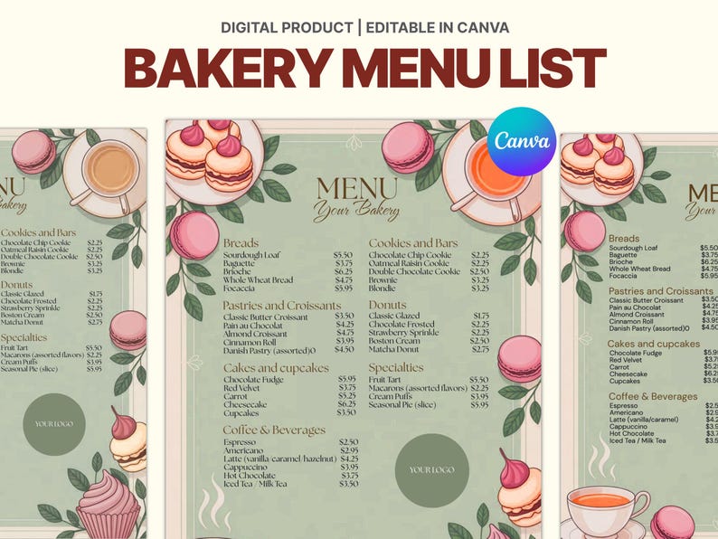 Bakery Menu Template, Price List, Editable in Canva (digital Product ...