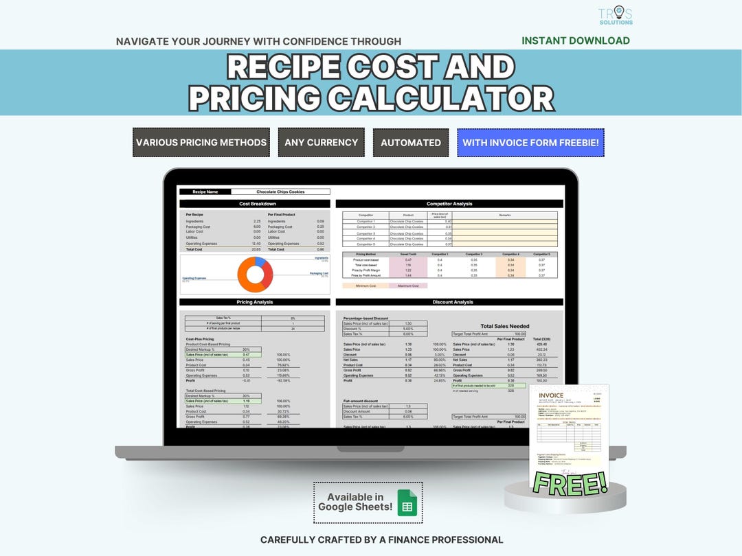 Recipe Cost and Pricing Calculator for Small Businesses Google Sheets Planning Template for ...