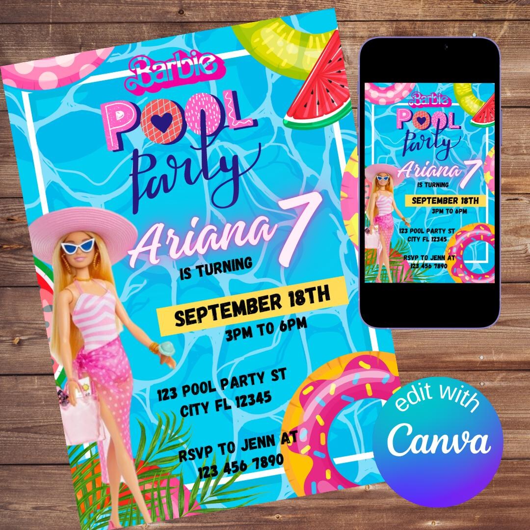 Barbi Pool Party Invitation, Barbi Pool Party Template, Barbi Birthday ...