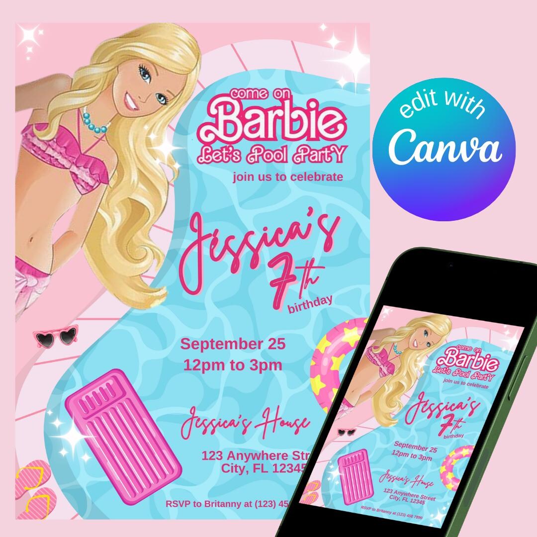 Barbi Pool Party Invitation, Pool Party Invite, Girl Fashion Birthday ...