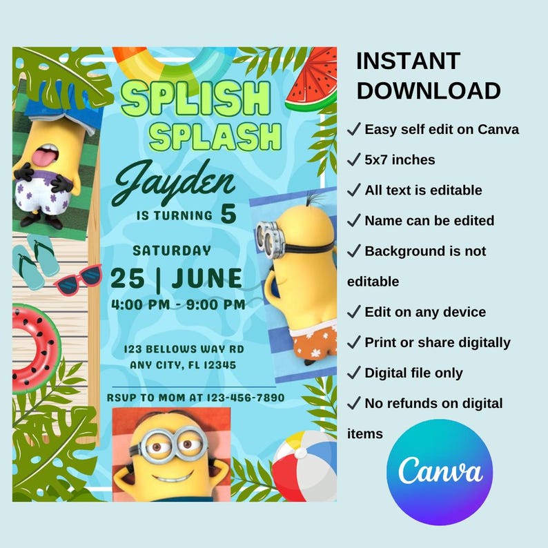 Minions Pool Party Invitation Template Minions Birthday Party Invite ...