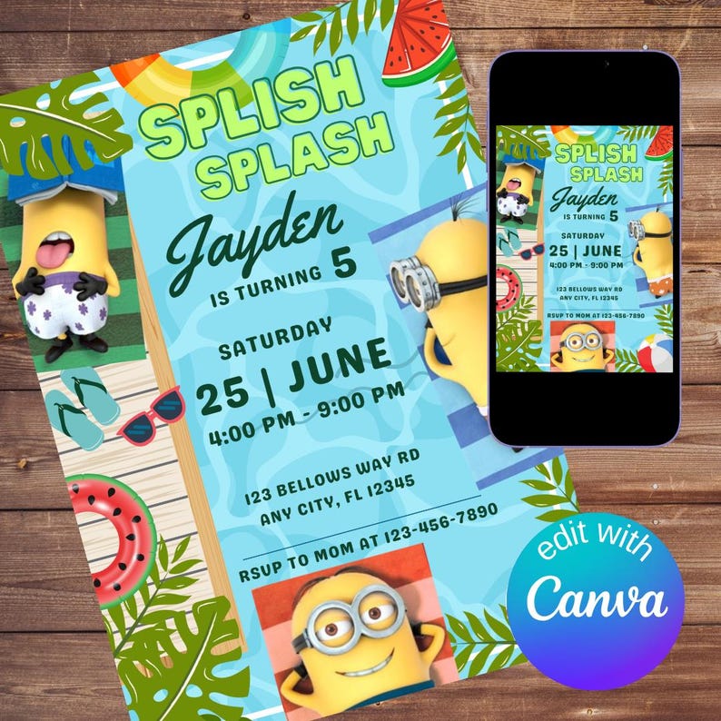 Minions Pool Party Invitation Template Minions Birthday Party Invite ...