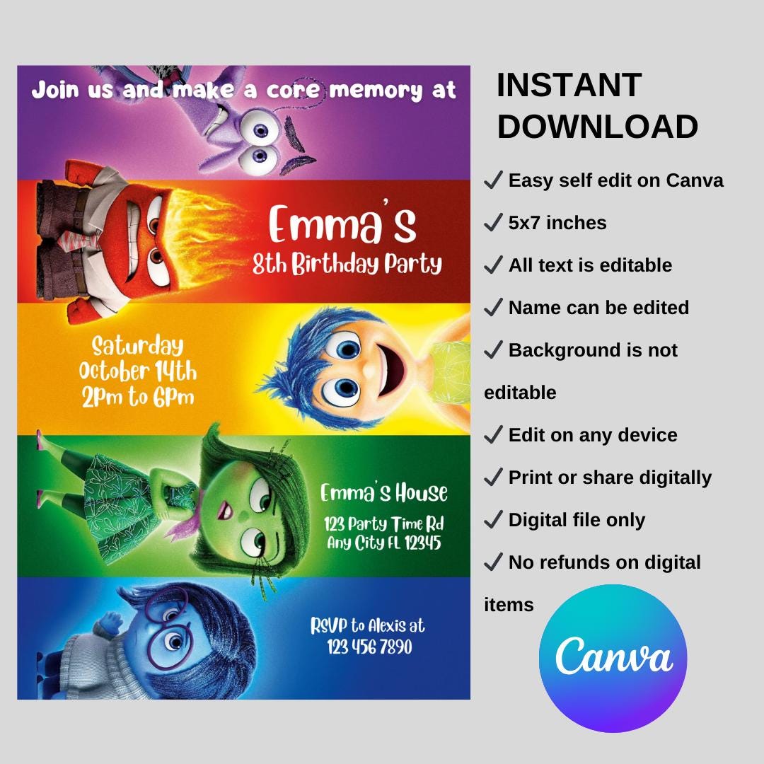 Editable Inside Out Birthday Invitation Template, Printable Birthday ...