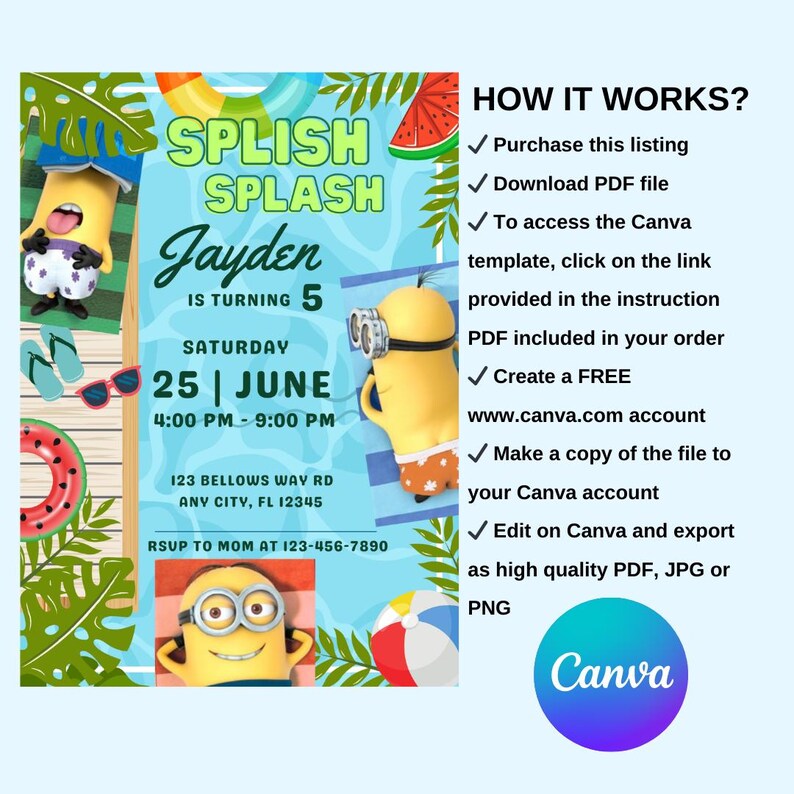 Minions Pool Party Invitation Template Minions Birthday Party Invite ...