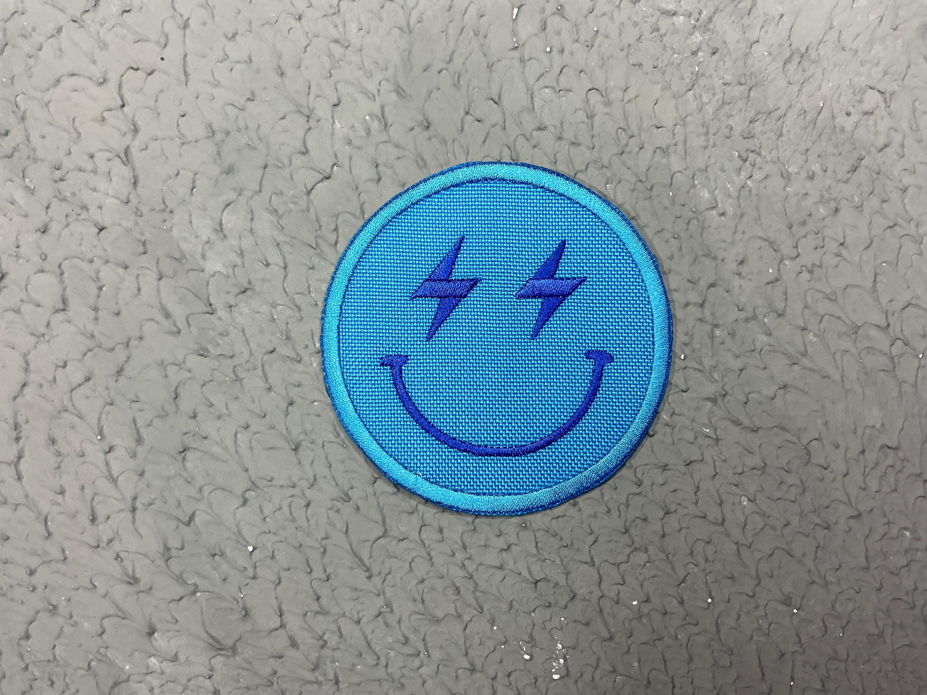 Blue Smiley Face Embroidered Patch: Lightning Bolt Design - Etsy