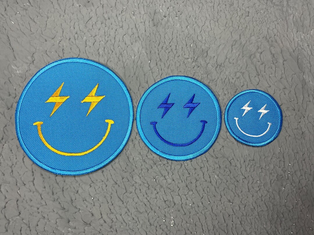 Blue Smiley Face Embroidered Patch: Lightning Bolt Design - Etsy