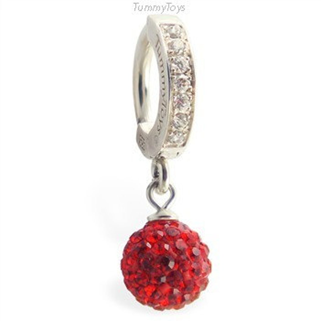 Red Crystal Ball Charm on Sterling Silver Clear Cz Belly Button Ring ...