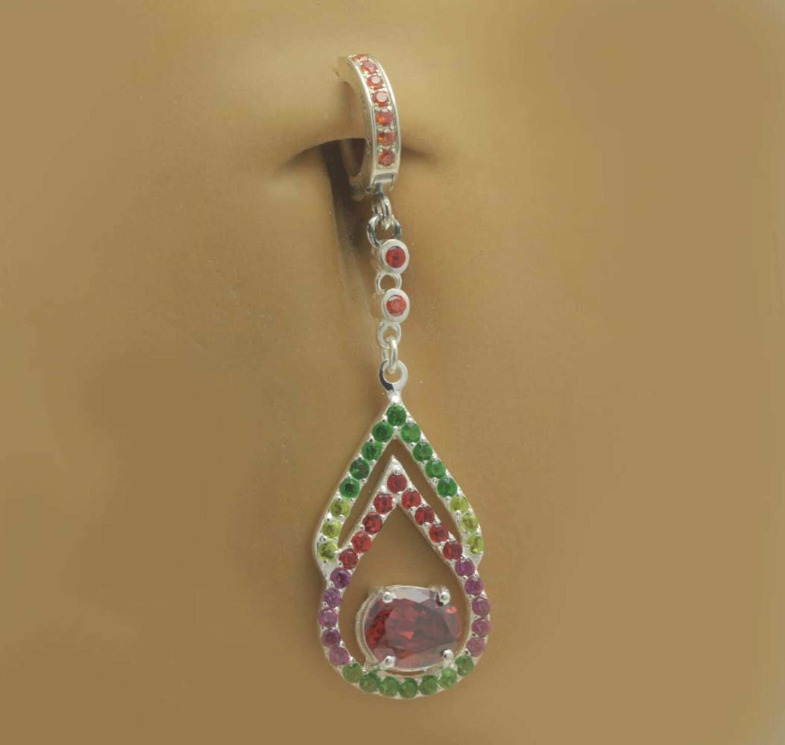 Amazing Multi-colored Cz Gem Glitterbelly Dangle on Orange Cz Belly ...