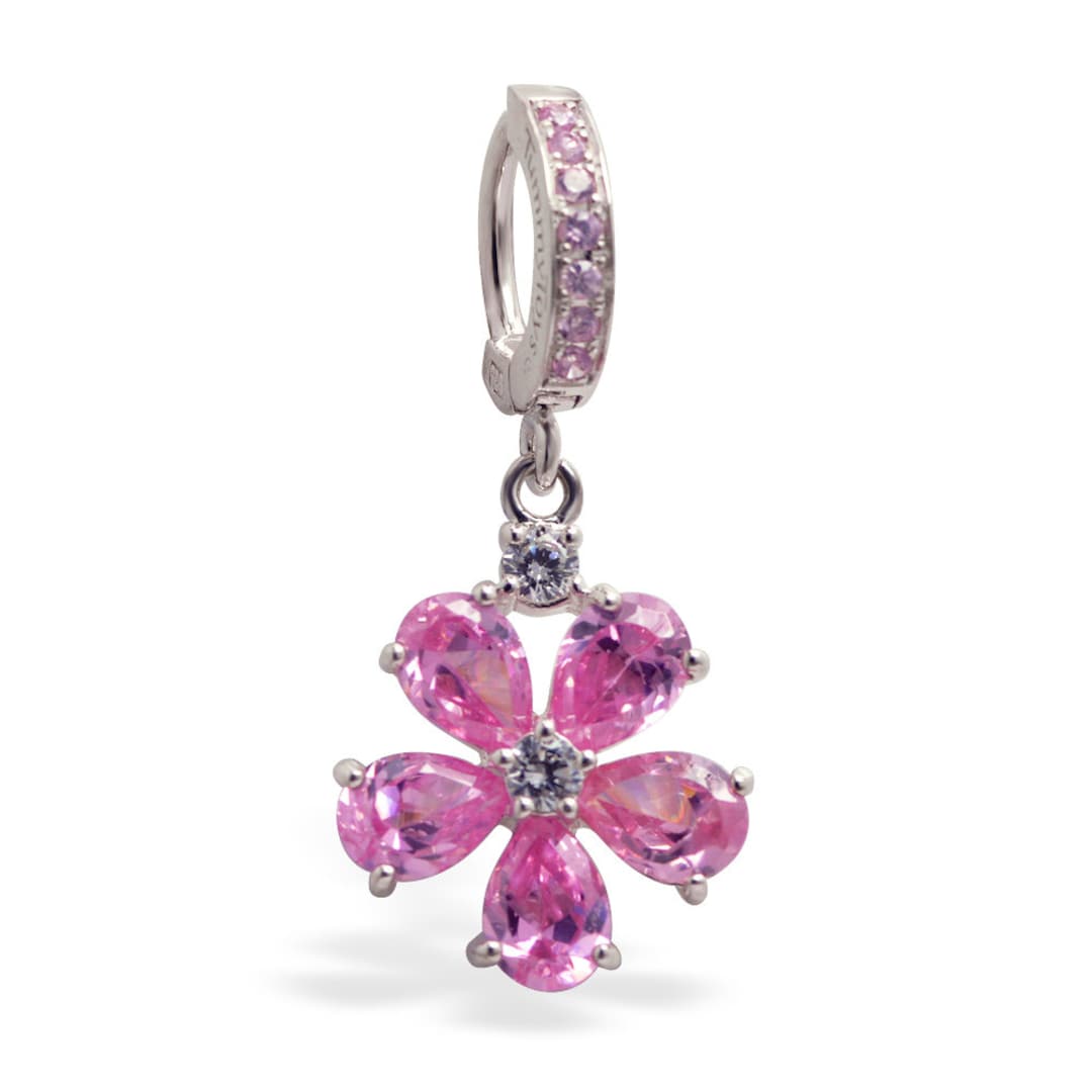 NEW Pink and Clear Cz Gem Flower Charm Pink Pave Belly Button Ring ...