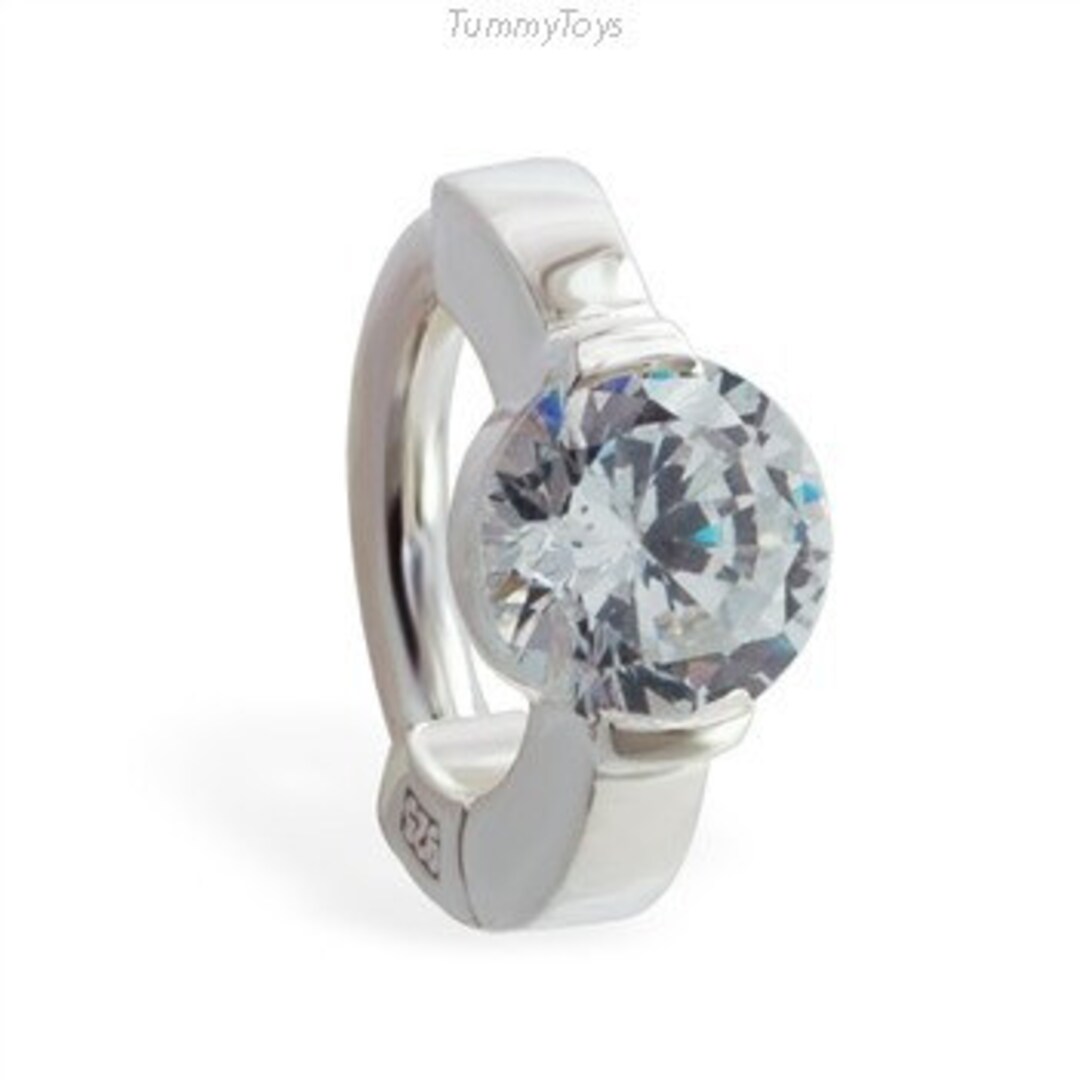 Silver Belly Button Ring -body Clicker Navel Ring With Large CZ - 14g ...