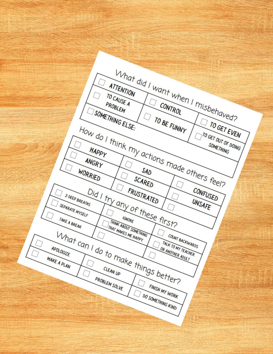 Think Sheet - Reflection Packet for Behavior - Etsy