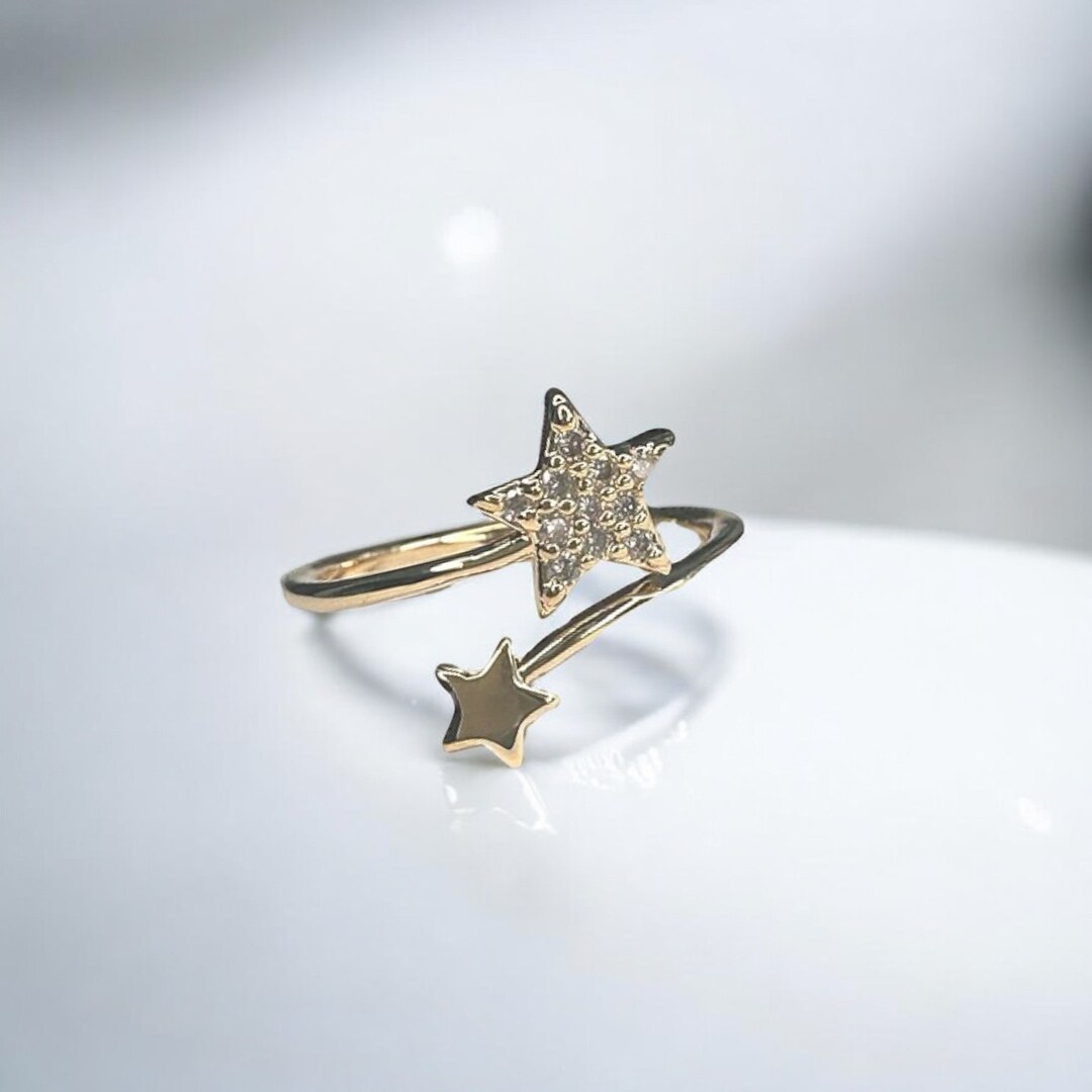 18K Gold Star Ring Diamond Star Ring Open Dual Star Ring Dainty ...