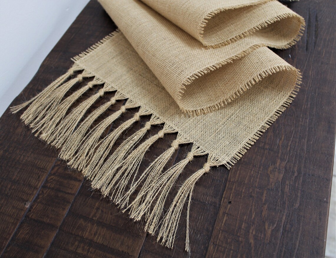 Natural Burlap Table Runner With 5 Knotted Fringe - Etsy