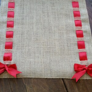 Premium Natural Burlap Table Runner With RED Satin Ribbon - Etsy