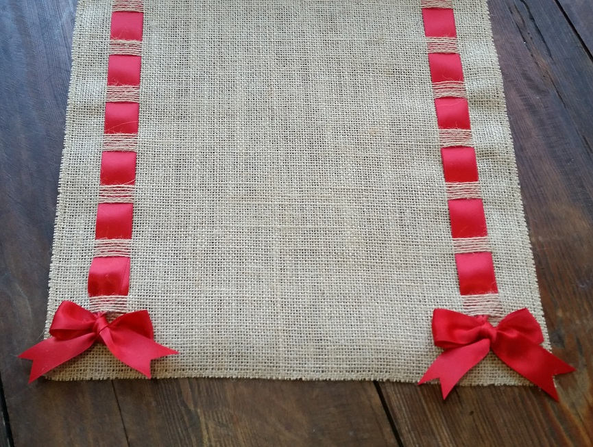 Premium Natural Burlap Table Runner With RED Satin Ribbon | Etsy
