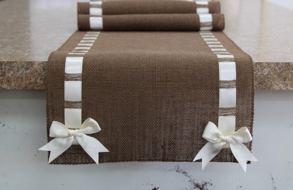 Brown Burlap Table Runner With Ivory Satin Ribbon - Etsy
