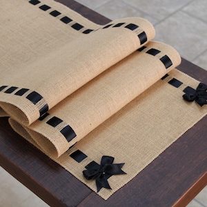 Burlap Table Runner With Black Satin Ribbon - Etsy