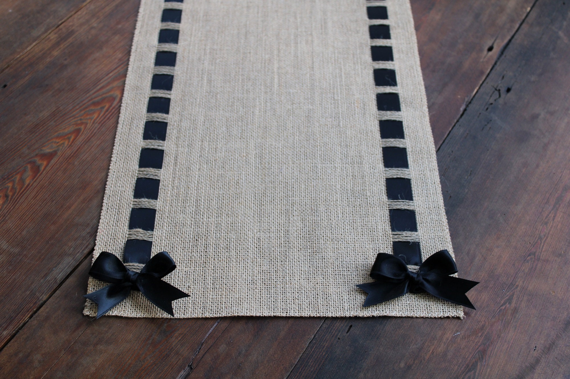 Burlap Table Runner With Black Satin Ribbon - Etsy