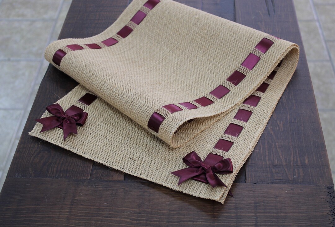 Premium Natural Burlap Table Runner With Burgundy Satin Ribbon - Etsy