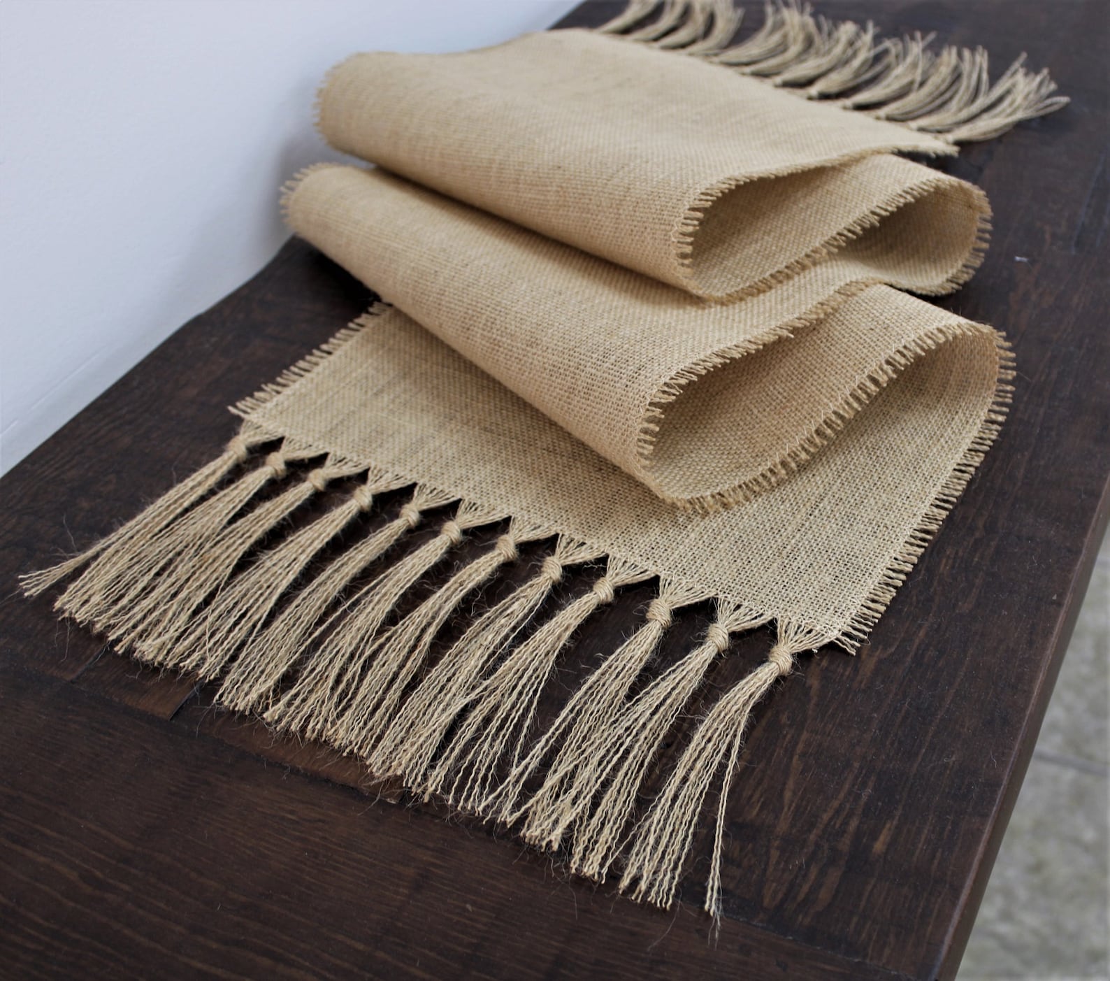Natural Burlap Table Runner With 5 Knotted Fringe - Etsy