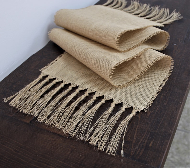 Natural Burlap Table Runner With 5 Knotted Fringe - Etsy