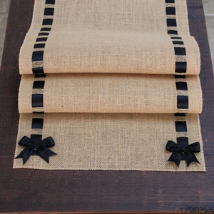 Burlap Table Runner With Black Satin Ribbon - Etsy