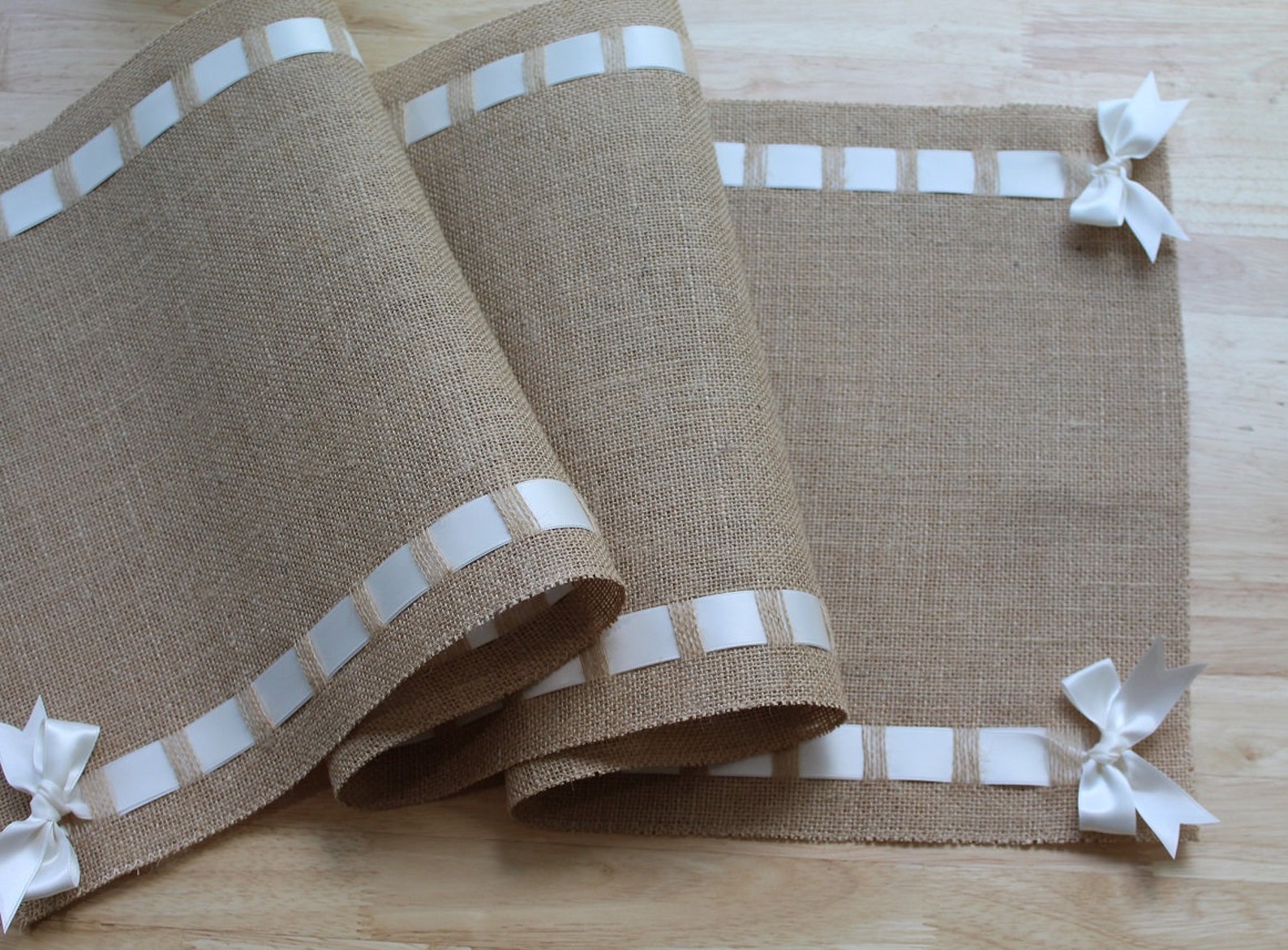 Natural Burlap Table Runner With Ivory Satin Ribbon - Etsy