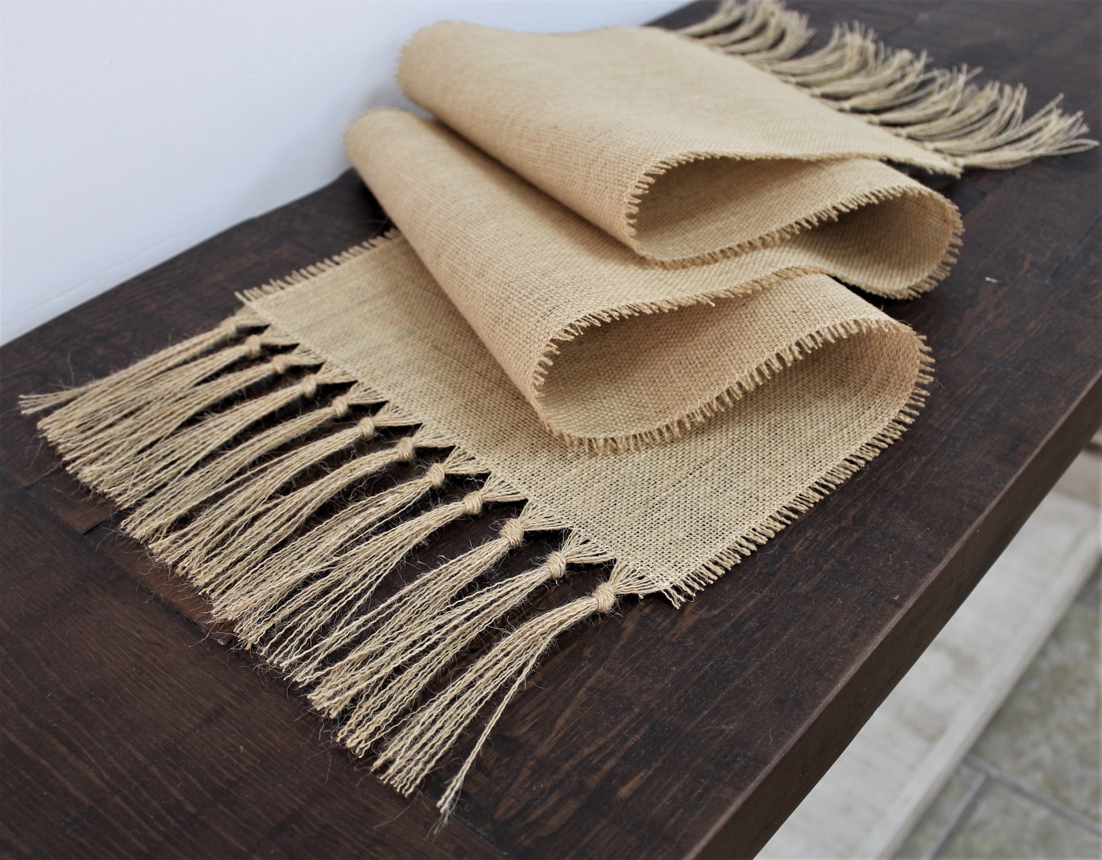 Natural Burlap Table Runner With 5 Knotted Fringe - Etsy