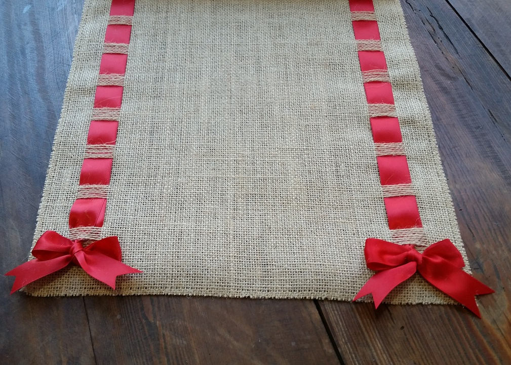 Premium Natural Burlap Table Runner With RED Satin Ribbon | Etsy