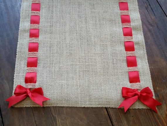 Premium Natural Burlap Table Runner With RED Satin Ribbon | Etsy