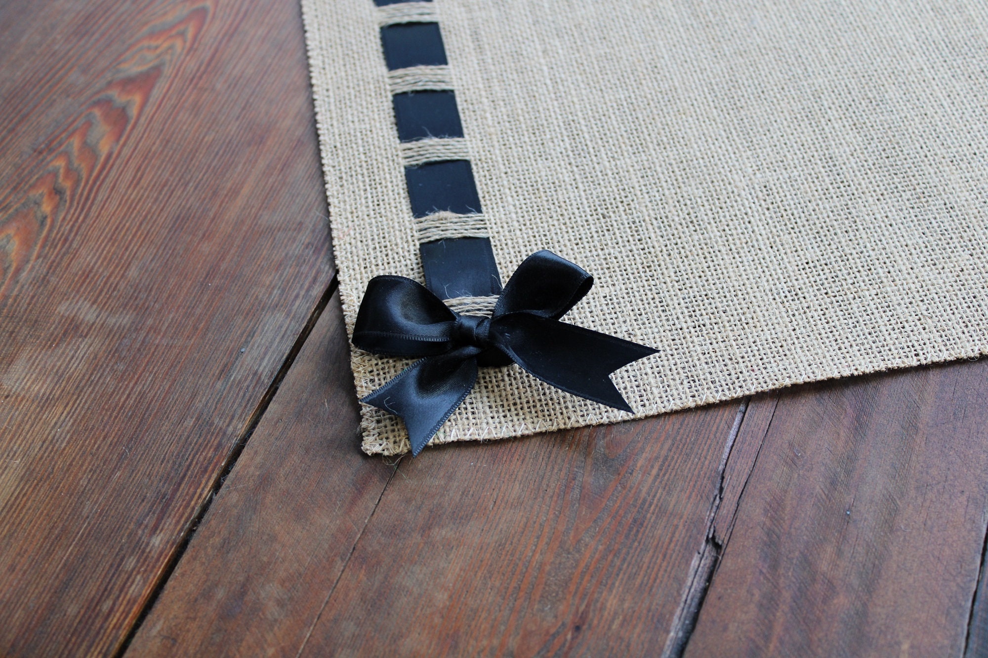 Burlap Table Runner With Black Satin Ribbon - Etsy