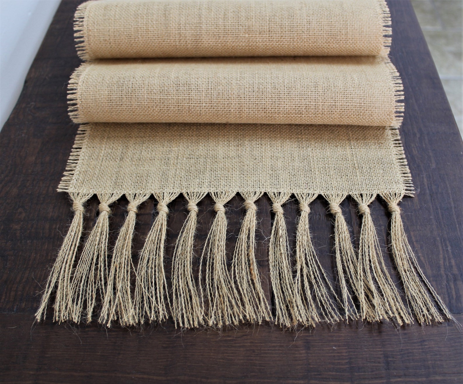 Natural Burlap Table Runner With 5 Knotted Fringe - Etsy