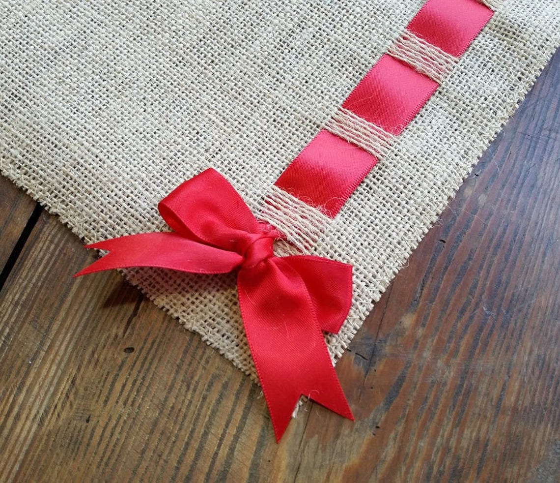 Premium Natural Burlap Table Runner With RED Satin Ribbon | Etsy