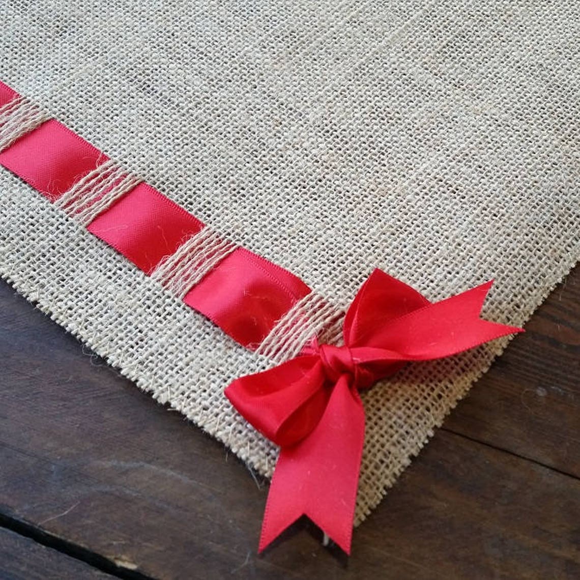 Premium Natural Burlap Table Runner With RED Satin Ribbon | Etsy