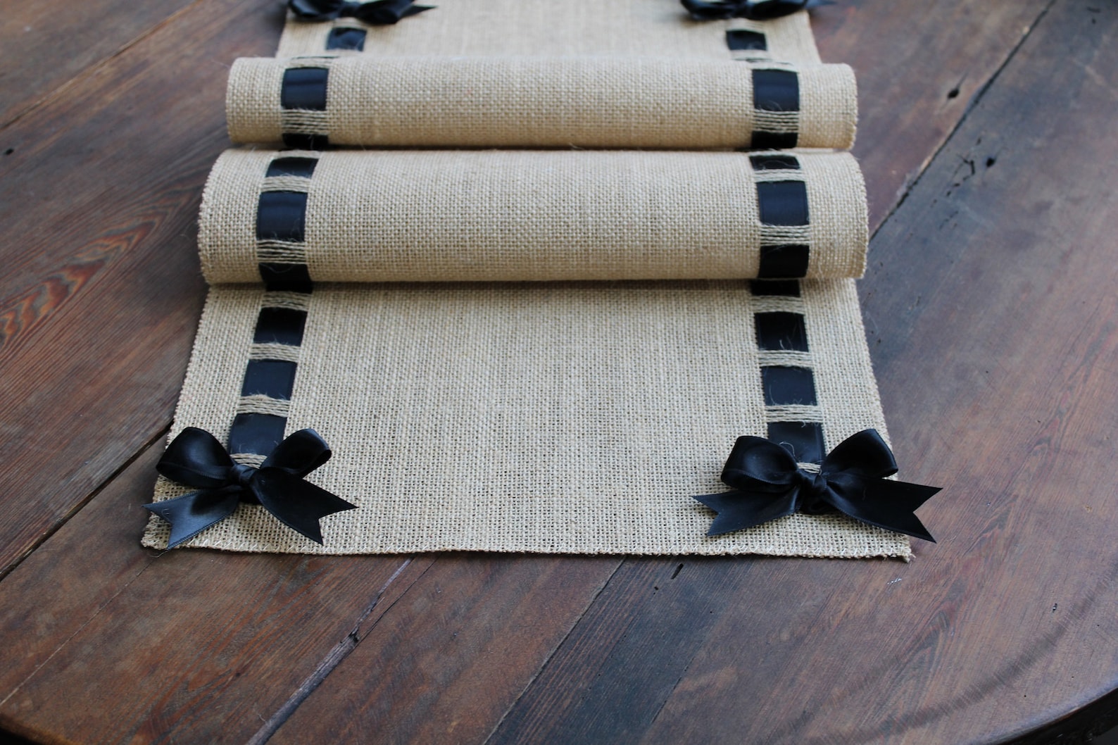 Burlap Table Runner With Black Satin Ribbon - Etsy