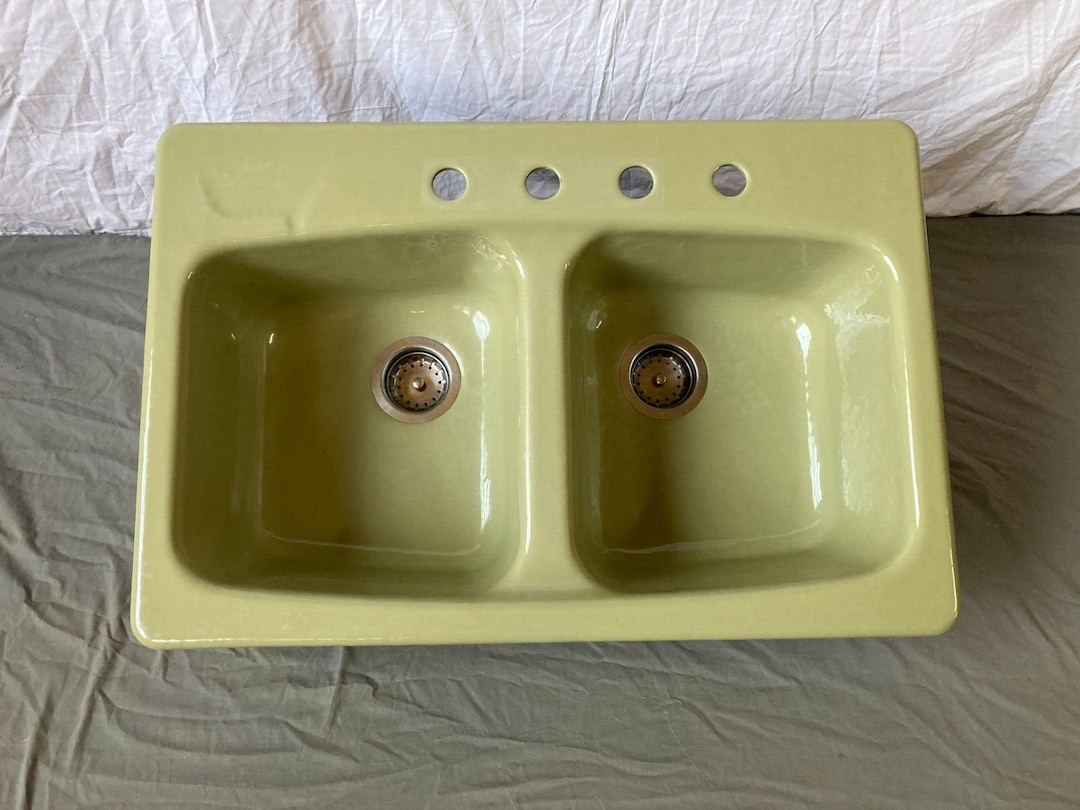 Vtg Cast Iron Avocado Green Porcelain Double Basin Drop in Sink Kohler ...