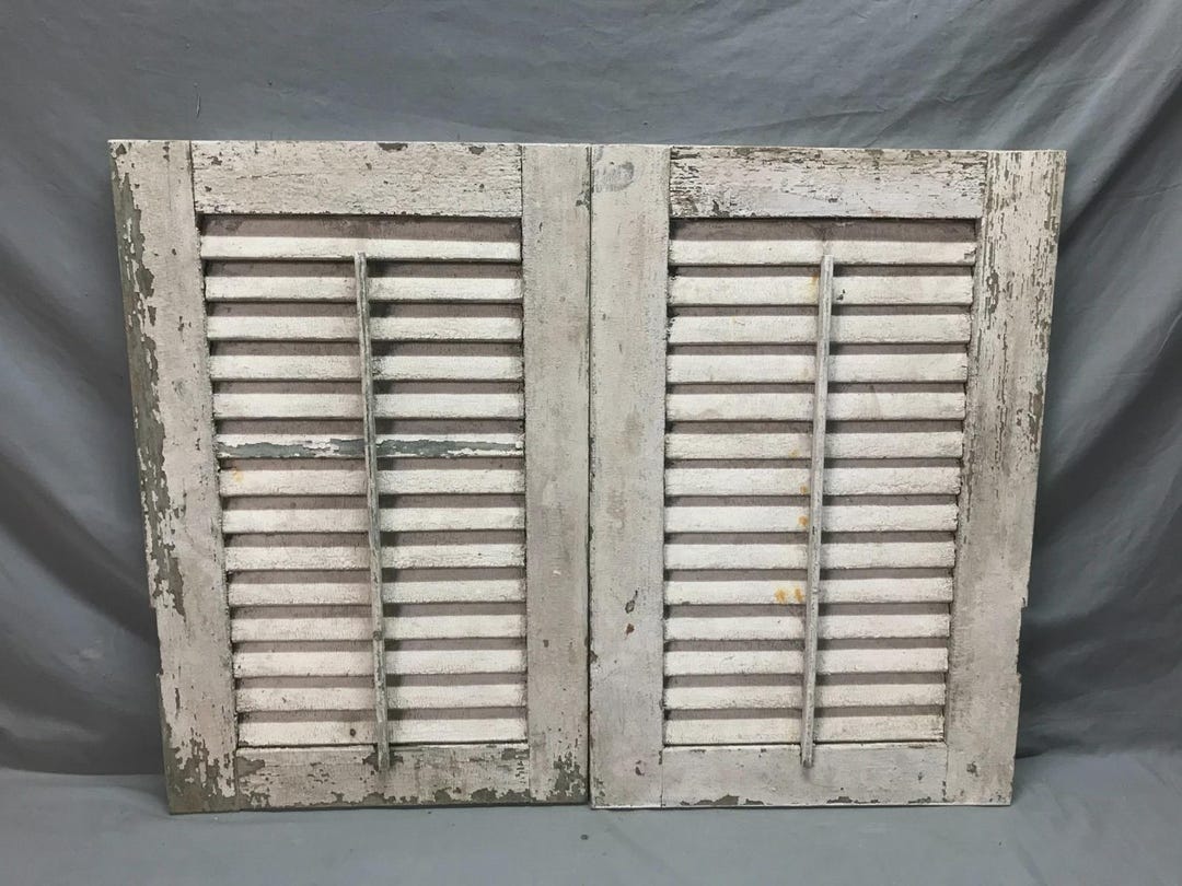 Antique Pair 18x26 Shabby White House Window Wood Louvered Shutters ...