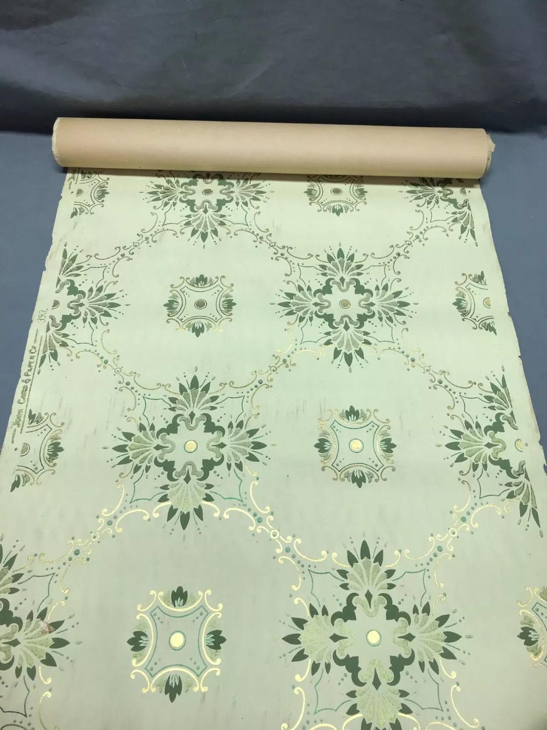Antique VTG 19 Roll Green Medallion Gold Stencel Floral Wallpaper Old ...