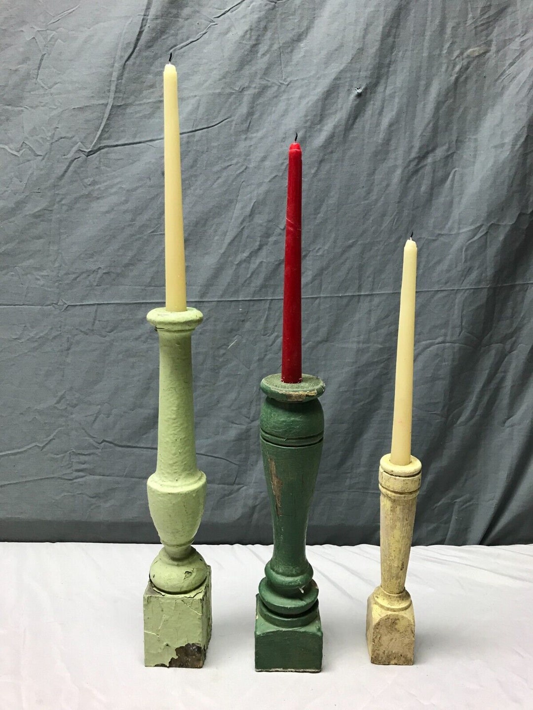 Set 3 Turned Wood Shabby Spindles Chunky Candle Stick Holders Old VTG ...