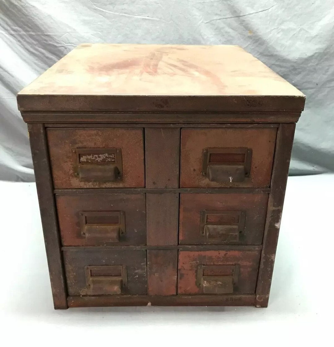 Antique VTG 6 Draw 18" Metal Filing Card Box Holder Catalog Cabinet Old ...