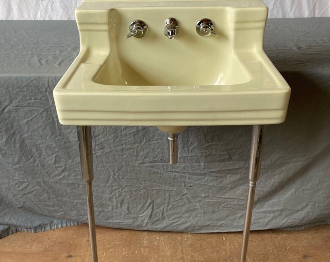 Vtg Deco Pale Buttercream Yellow Porcelain Sink Chrome Legs Old ...