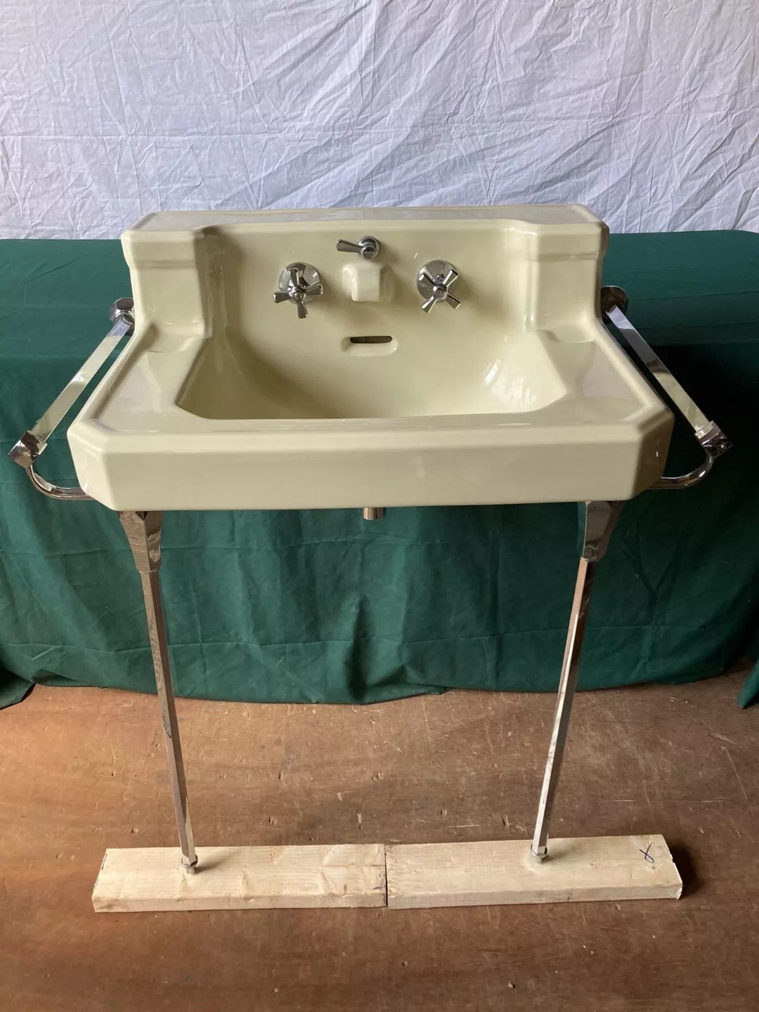 Vtg Mid Century Buttercream Yellow Bath Wall Sink Chrome Legs Towel ...