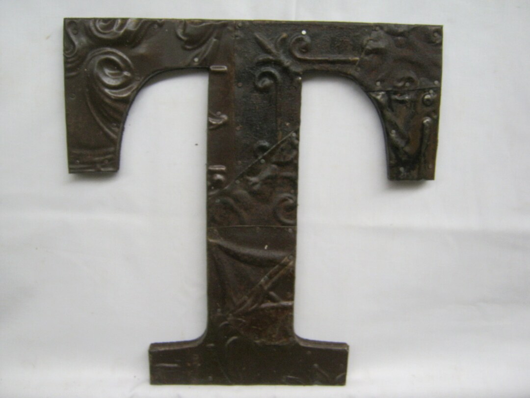 Tin Ceiling Wrapped 12" Letter T Patchwork Reclaimed Metal Mosaic Wall ...