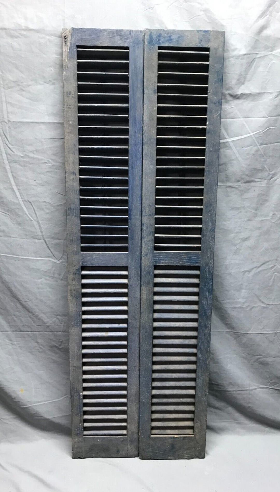 Antique Pair Wood 7x44 Louvered Blue Chestnut Interior Shutters Old ...