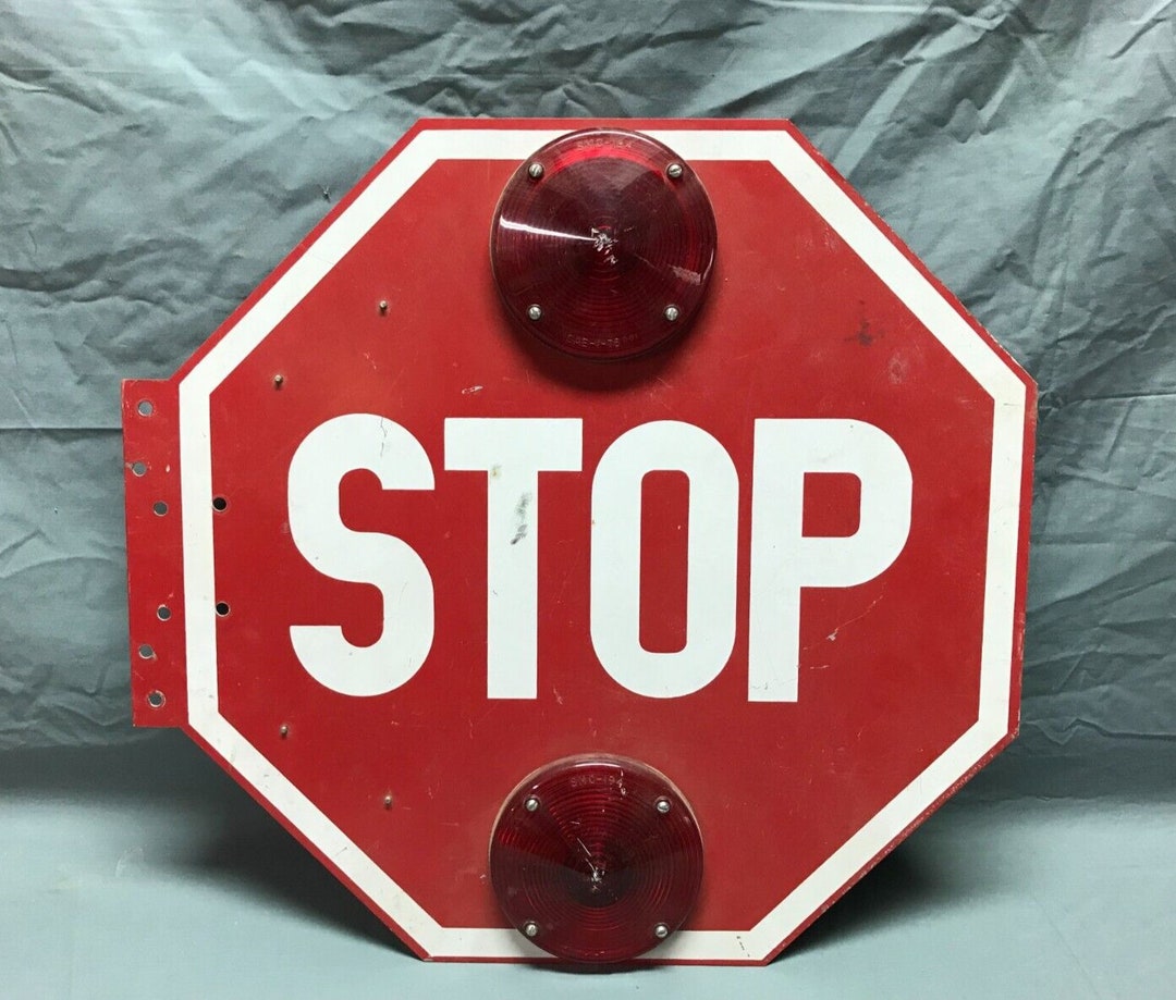 Vintage Metal Double Sided 18x19 School Bus Stop Lite Fixture Sign 677 ...